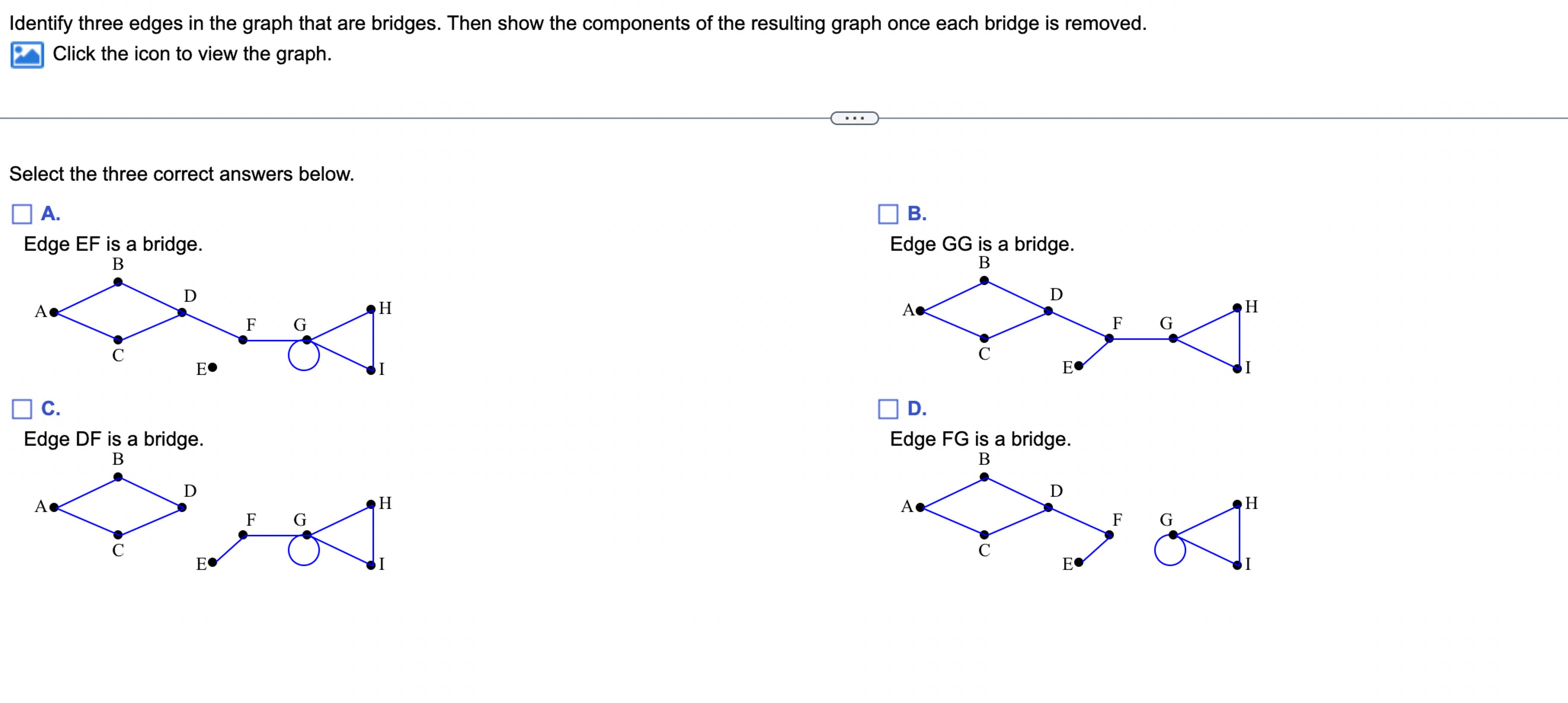 Solved Identify three edges in the graph that are bridges. | Chegg.com