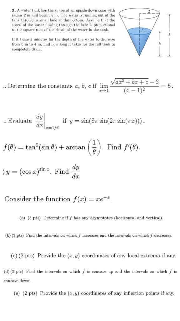 Solved 3. A water tank has the shape of an upside down cone | Chegg.com