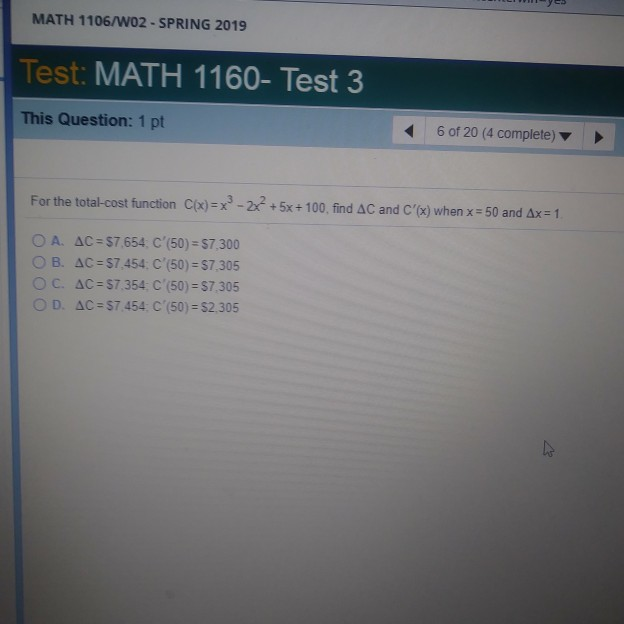 Solved MATH 1106/W02-SPRING 2019 Test: MATH 1160- Test 3 | Chegg.com
