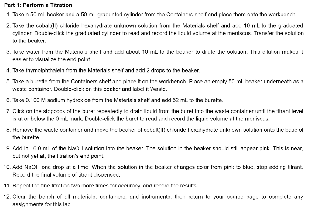 Chem 1A Precipitation Titration of Cobalt (11) | Chegg.com
