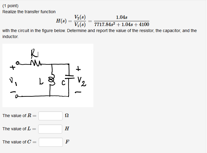 Solved (1 point) Realize the transfer function V2(8) 1.04s | Chegg.com