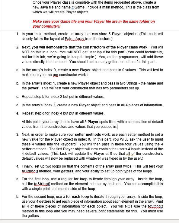 Once your Player class is complete with the items | Chegg.com