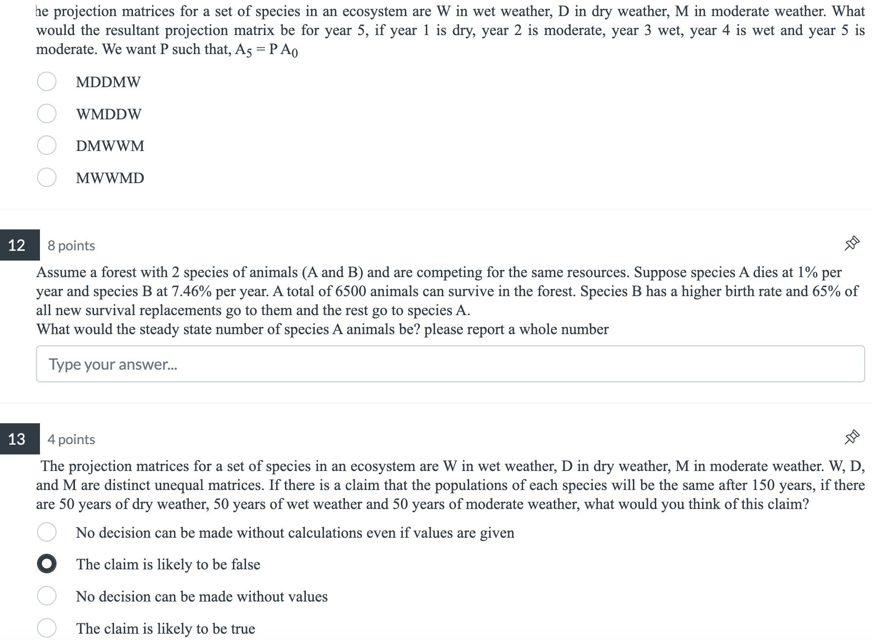 Solved He Projection Matrices For A Set Of Species In An