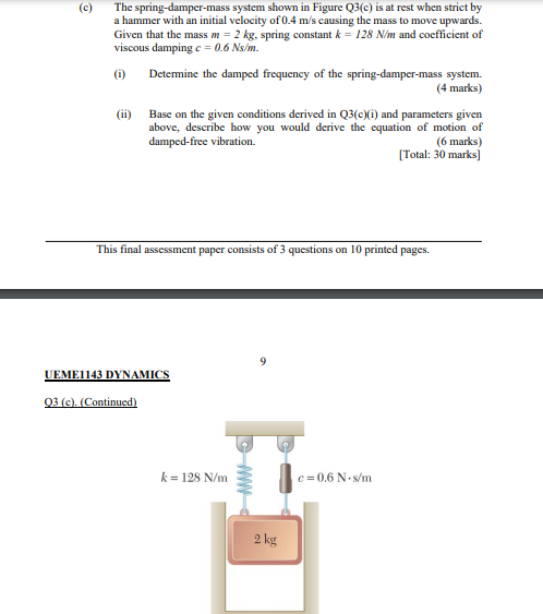 Solved () The spring-damper-mass system shown in Figure | Chegg.com