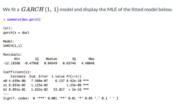 Solved We fit a GARCH (1, 1) model and display the MLE of | Chegg.com