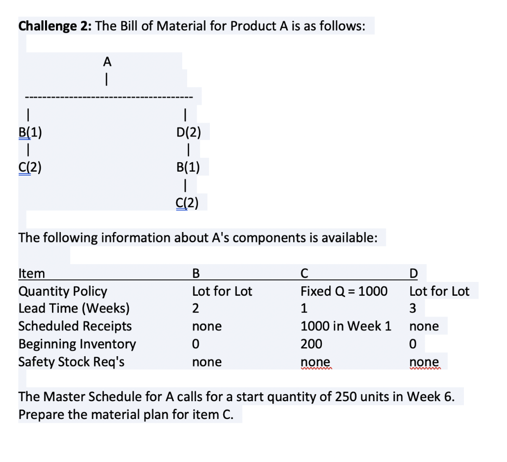 Solved Challenge 2: The Bill of Material for Product A is as | Chegg.com