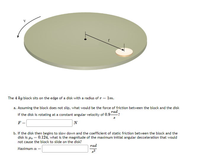 Solved The 4 kg ﻿block sits on ﻿the edge of ﻿a disk with a | Chegg.com