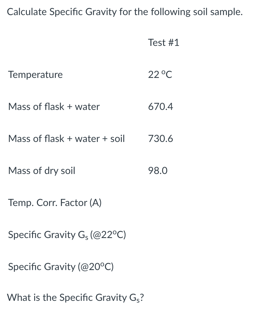 Solved Calculate Specific Gravity for the following soil | Chegg.com