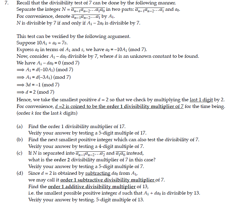 Solved 7. Recall that the divisibility test of 7 can be done | Chegg.com