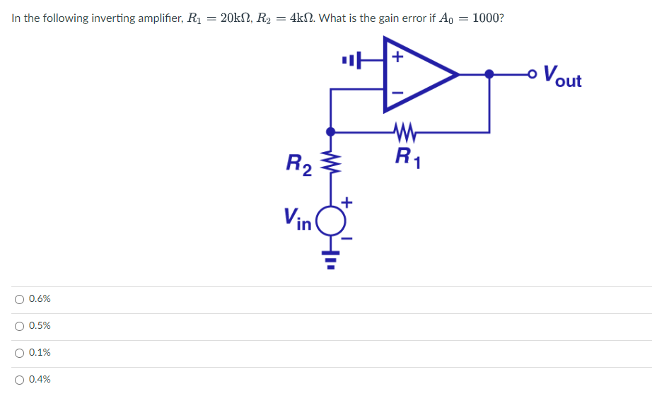 Solved In the following inverting amplifier, R1=20kΩ,R2=4kΩ. | Chegg.com