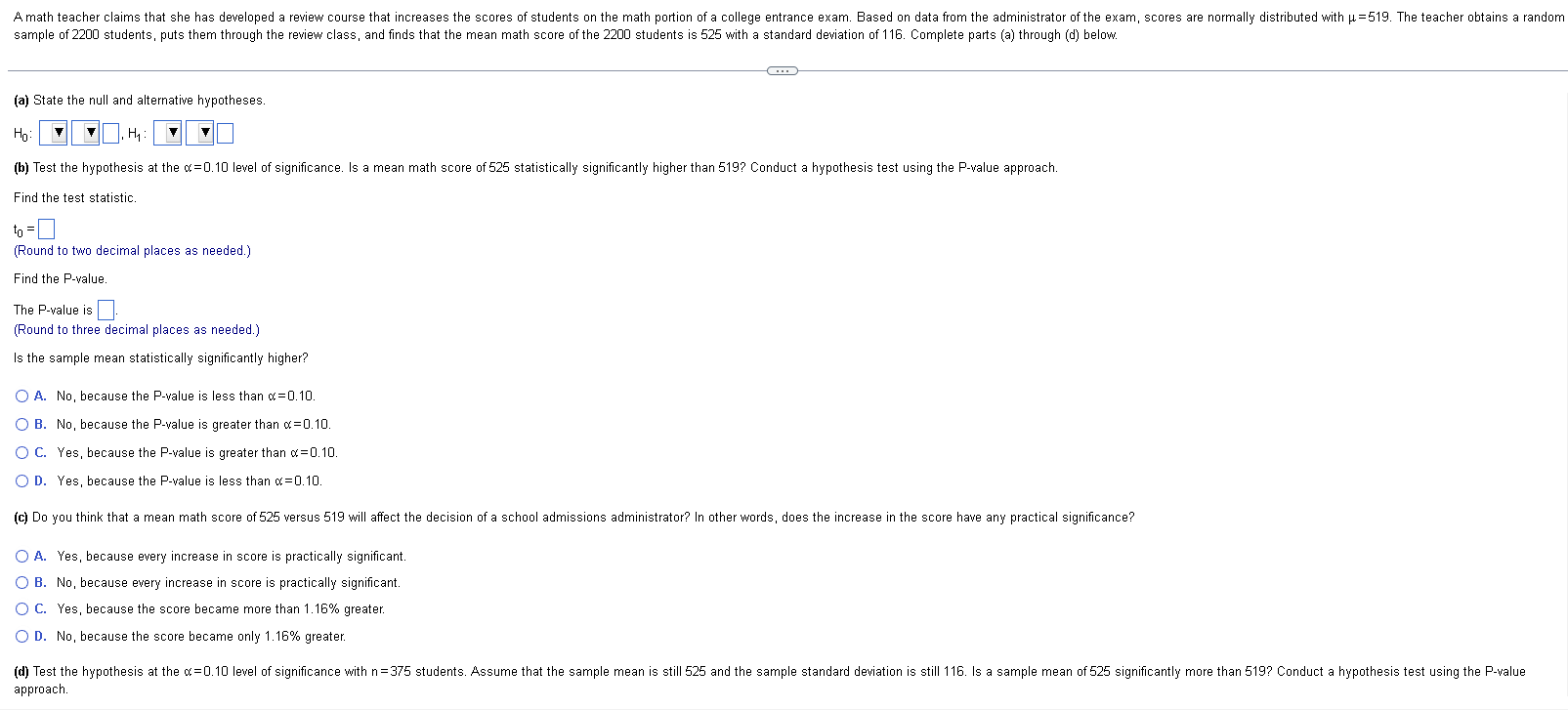 Solved (a) State the null and alternative hypotheses. H0: | Chegg.com