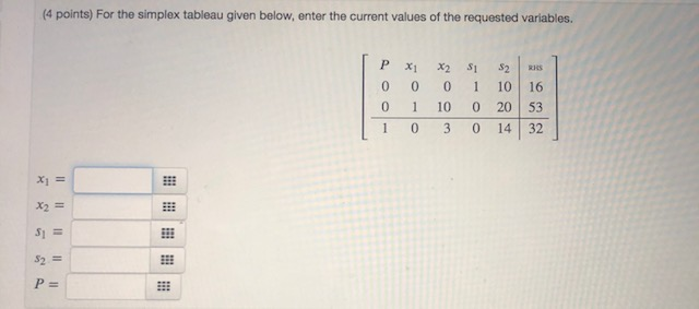 Solved (4 points) For the simplex tableau given below, enter | Chegg.com