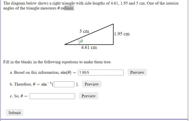 Solved The diagram below shows a right triangle with side | Chegg.com