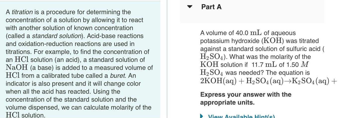 Solved Part A A titration is a procedure for determining the | Chegg.com
