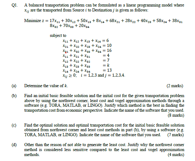 Solved Q1. A balanced transportation problem can be | Chegg.com