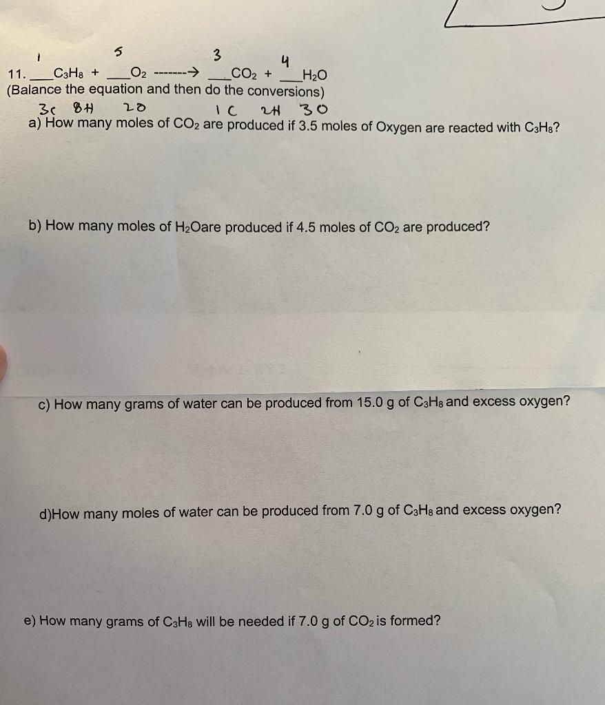Solved 5 3 4 11. C3H8 + O2 CO2 + H2O (Balance the equation | Chegg.com