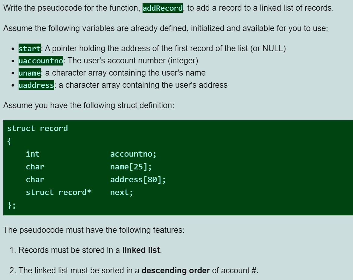 Solved Write The Pseudocode For The Function Addrecord To 