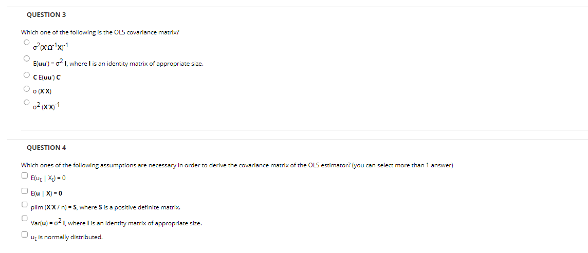 Solved Which one of the following is the OLS covariance | Chegg.com