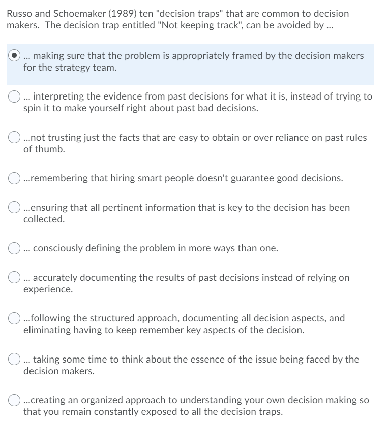 Solved Russo and Schoemaker (1989) ten "decision traps" that | Chegg.com