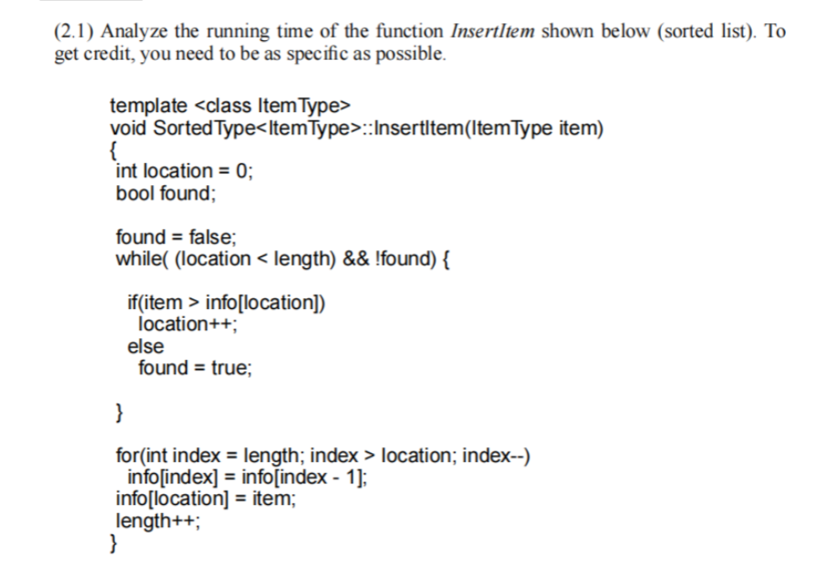 Solved (2.1) Analyze the running time of the function | Chegg.com