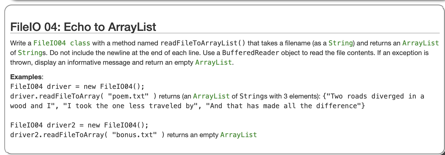 Solved Filelo 04: Echo to ArrayList Write a File1004 class | Chegg.com Solved Filelo 04: Echo to ArrayList Write a File1004 class | Chegg.com