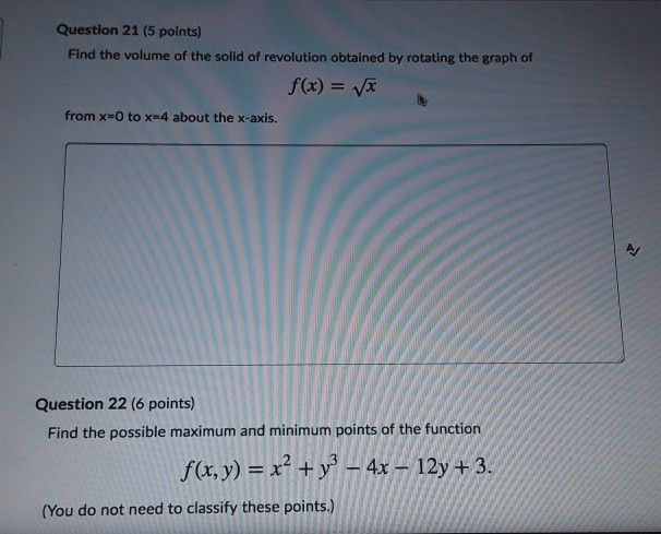 Solved Question 21 (5 points) Find the volume of the solid | Chegg.com