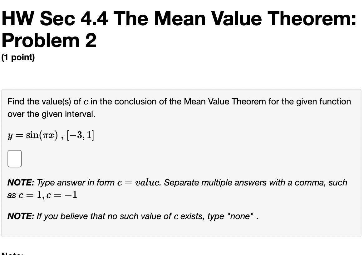 Solved HW Sec 4.4 The Mean Value Theorem: Problem 2 (1 | Chegg.com