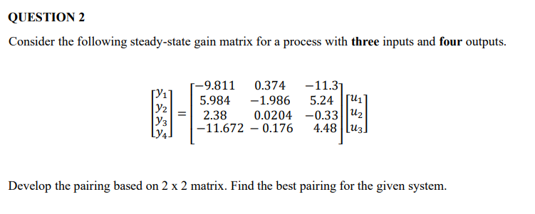 Consider the following steady-state gain matrix for a | Chegg.com
