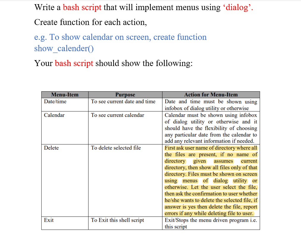 Solved Write a bash script that will implement menus using | Chegg.com