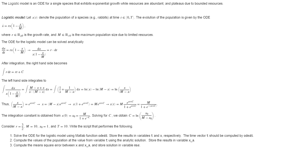 Solved The Logistic model is an ODE for a single species | Chegg.com