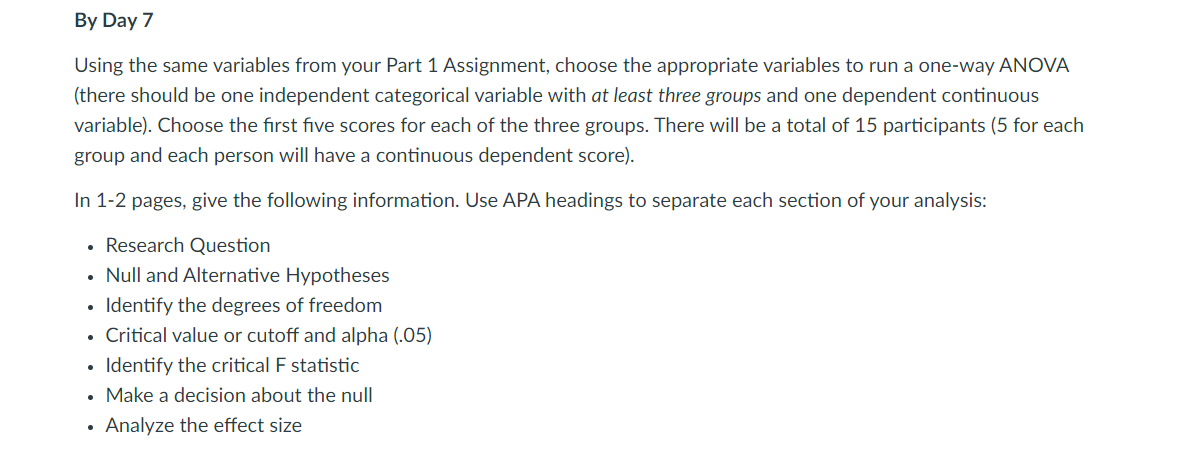 Solved By Day 7Using the same variables from your Part 1 | Chegg.com