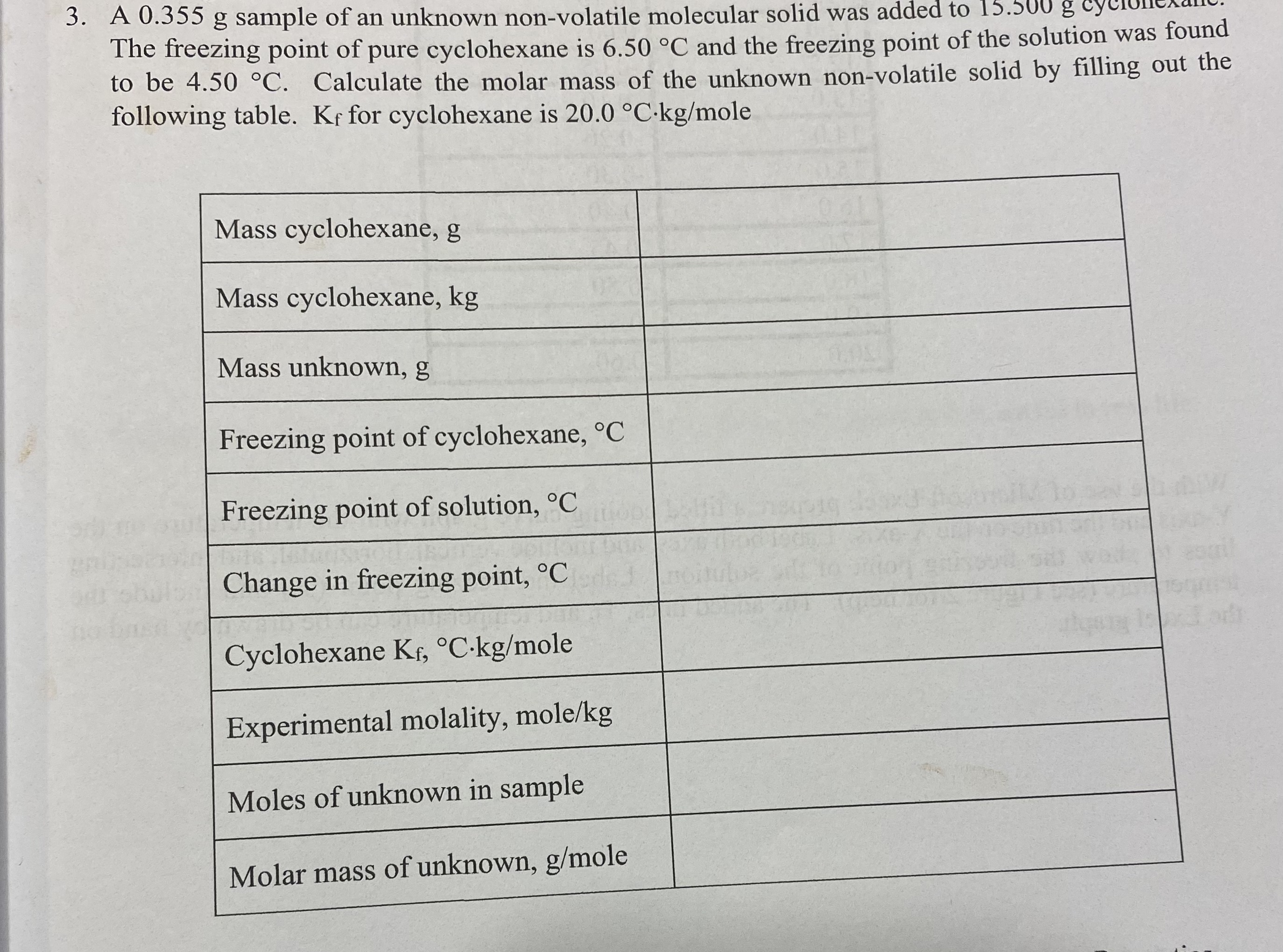 Solved 3. A 0.355 g sample of an unknown non-volatile | Chegg.com