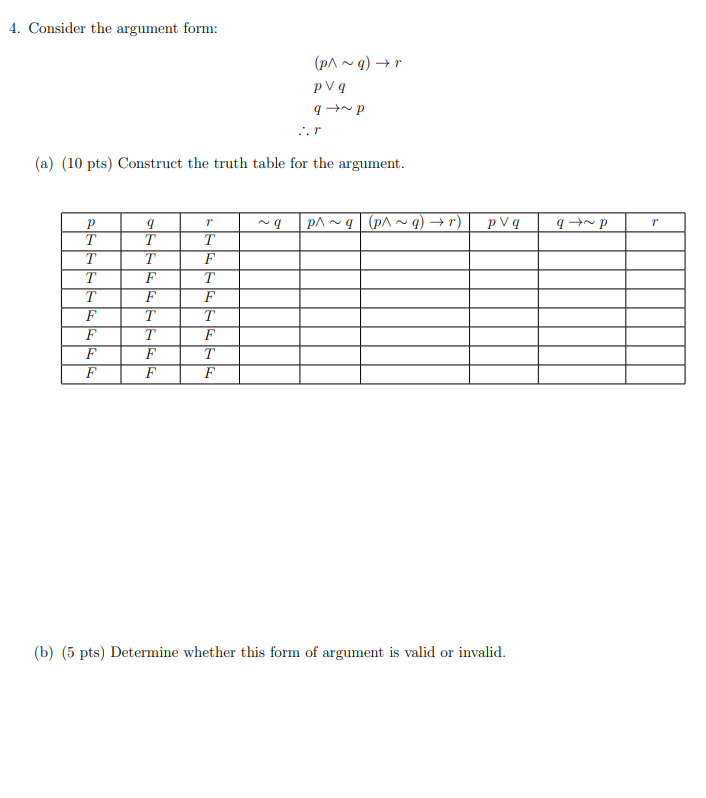 Solved 4. Consider the argument form: (p/~9) r pva 9 p (a) | Chegg.com