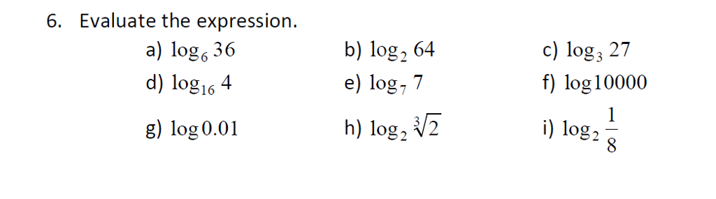 Solved 6. Evaluate the expression. a) log, 36 d) log16 4 b) | Chegg.com