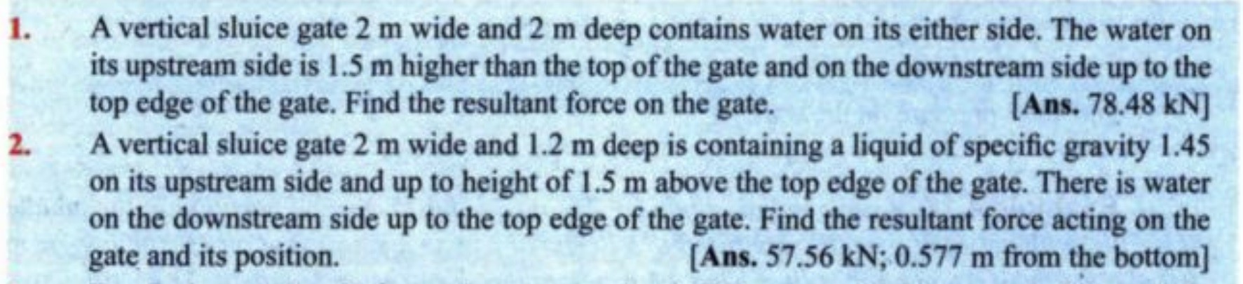 Solved 1. A vertical sluice gate 2 m wide and 2 m deep | Chegg.com