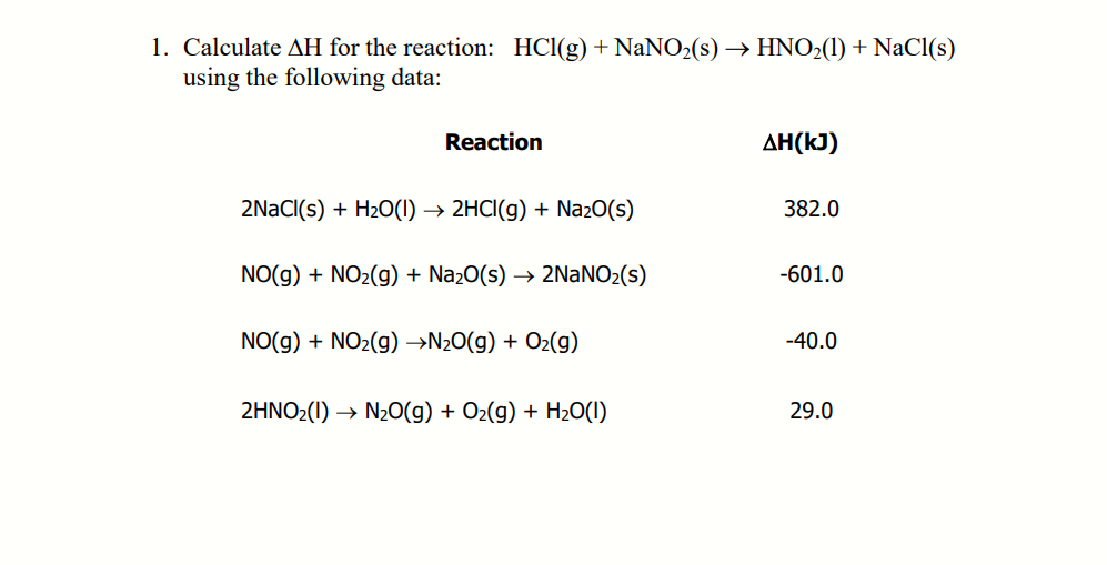 Solved 1. Calculate ΔH for the reaction: HCl(g)+NaNO2( | Chegg.com