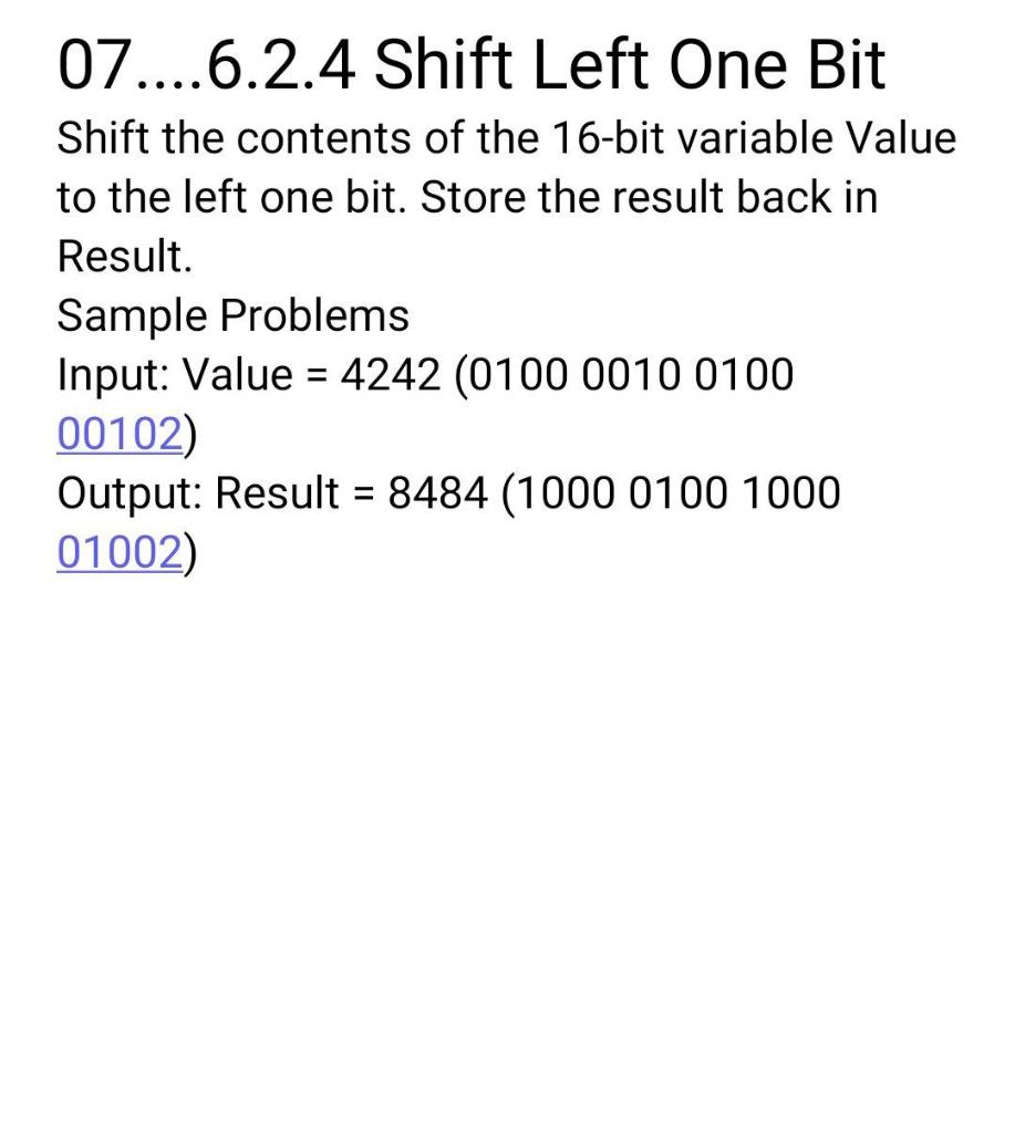 07....6.2.4 Shift Left One Bit Shift the contents of | Chegg.com