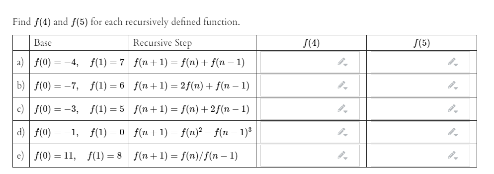 Solved Find f(4) and f(5) for each recursively defined | Chegg.com
