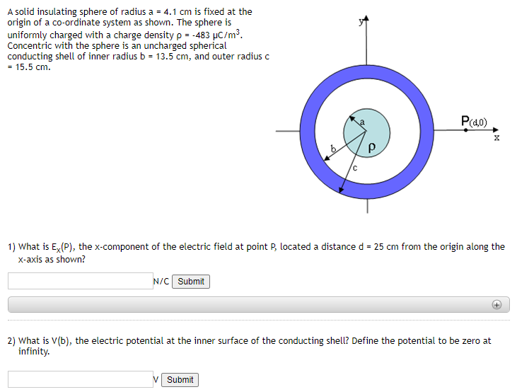 Solved A solid insulating sphere of radius a=4.1 cm is fixed | Chegg.com