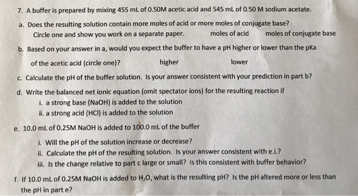 Solved 7. A buffer is prepared by mixing 455 mL of 0.50M | Chegg.com