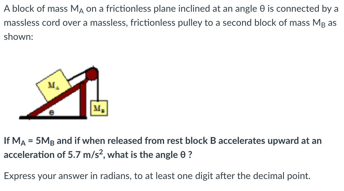 Solved A block of mass MA ﻿on a frictionless plane inclined | Chegg.com