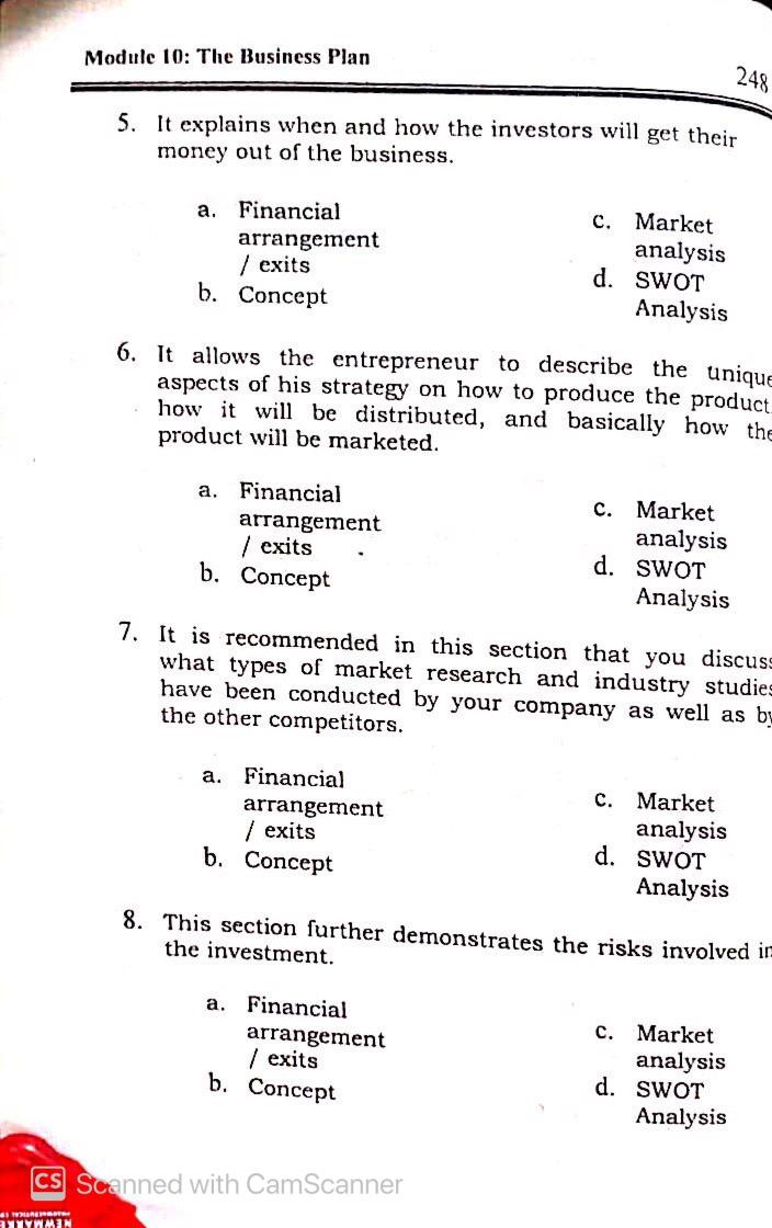 Solved 247 Module 10: The Business Plan ASSESSMENT EXERCISE | Chegg.com