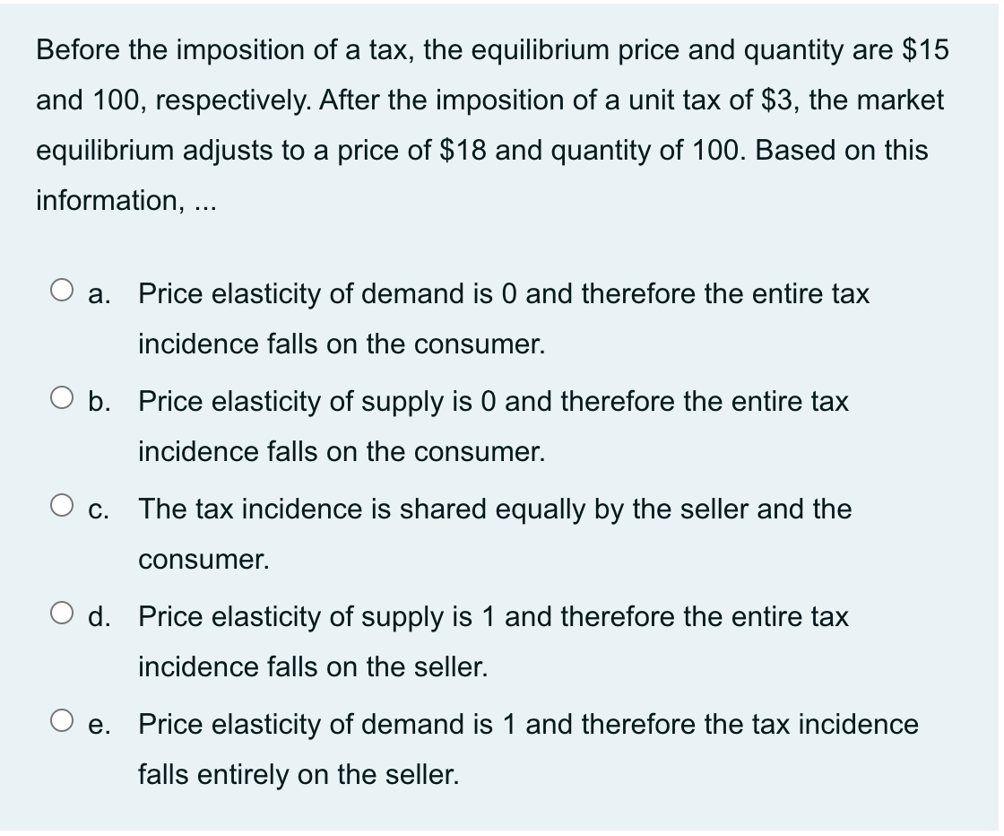 Solved Before the imposition of a tax, the equilibrium price | Chegg.com