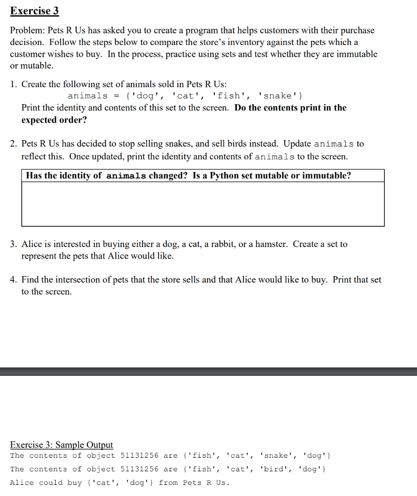 Solved Exercise 3 Problem: Pets R Us has asked you to create | Chegg.com