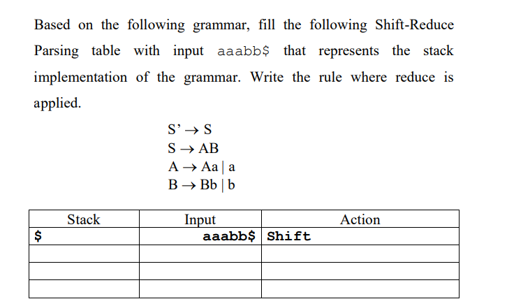 Solved Based on the following grammar, fill the following | Chegg.com