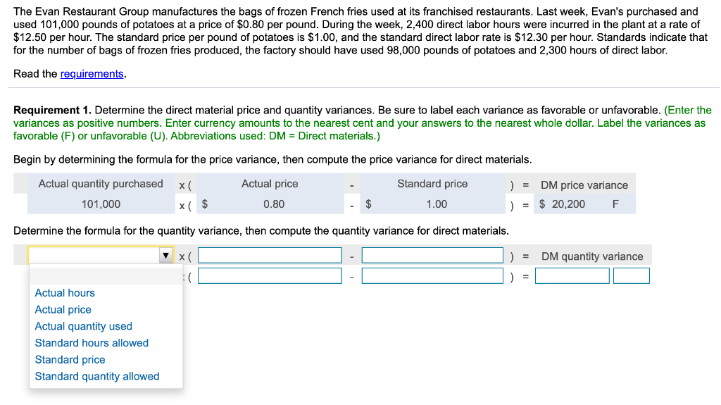 Solved 1. Determine the direct material price and quantity | Chegg.com