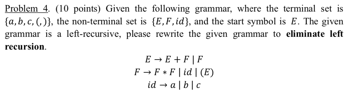 Solved Problem 4. (10 points) Given the following grammar, | Chegg.com