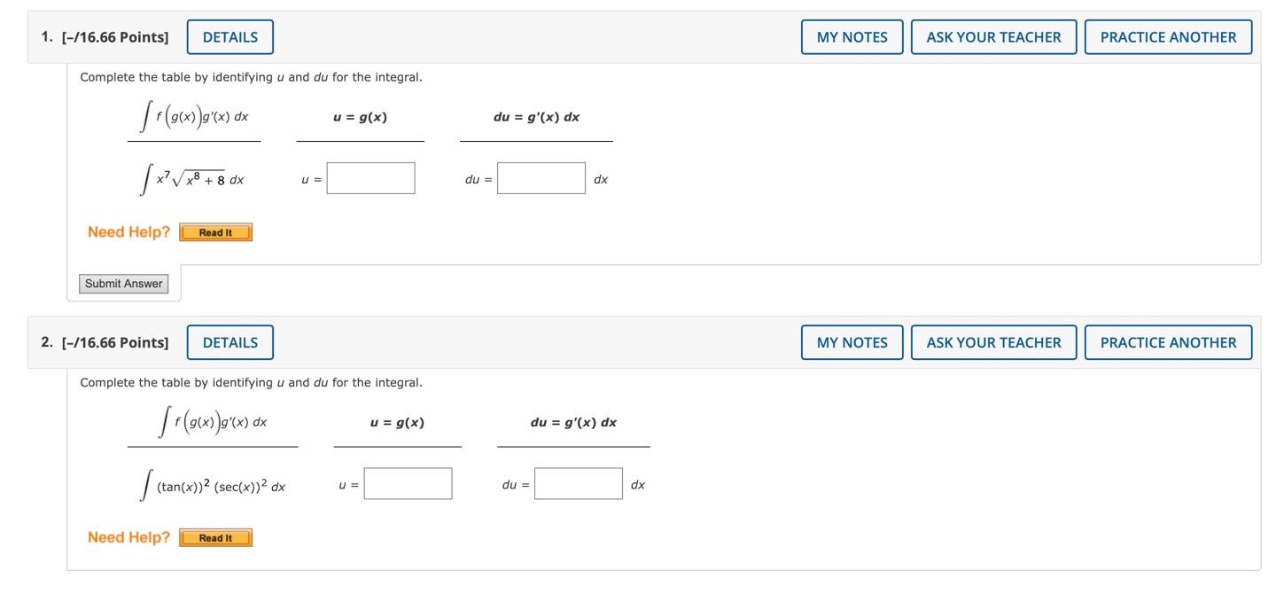 Solved Complete the table by identifying u and du for the | Chegg.com