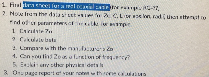 Solved data sheet for a real coaxial cable e(for example | Chegg.com
