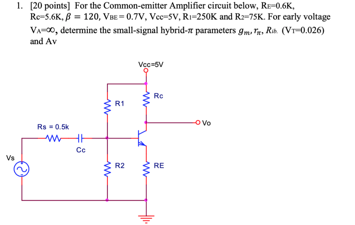 Solved 1. [20 points ] For the Common-emitter Amplifier | Chegg.com